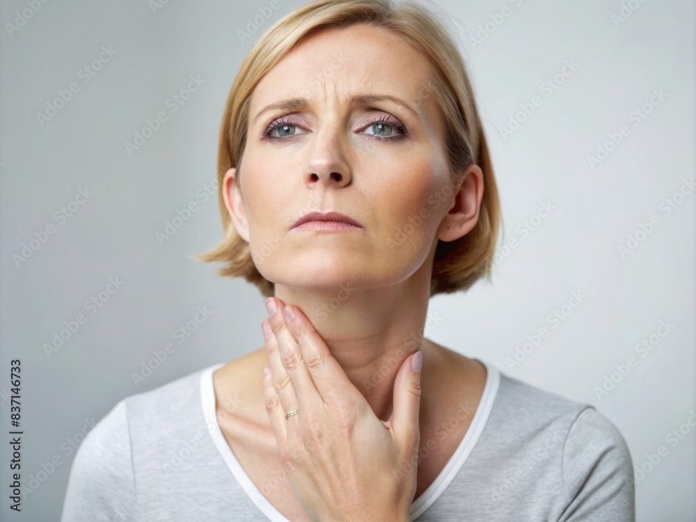 Woman performing a self thyroid check for various thyroid disorders ...