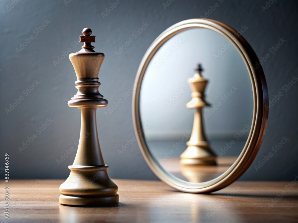 Pawn chess piece looking at mirror reflection of a king, reflection ...