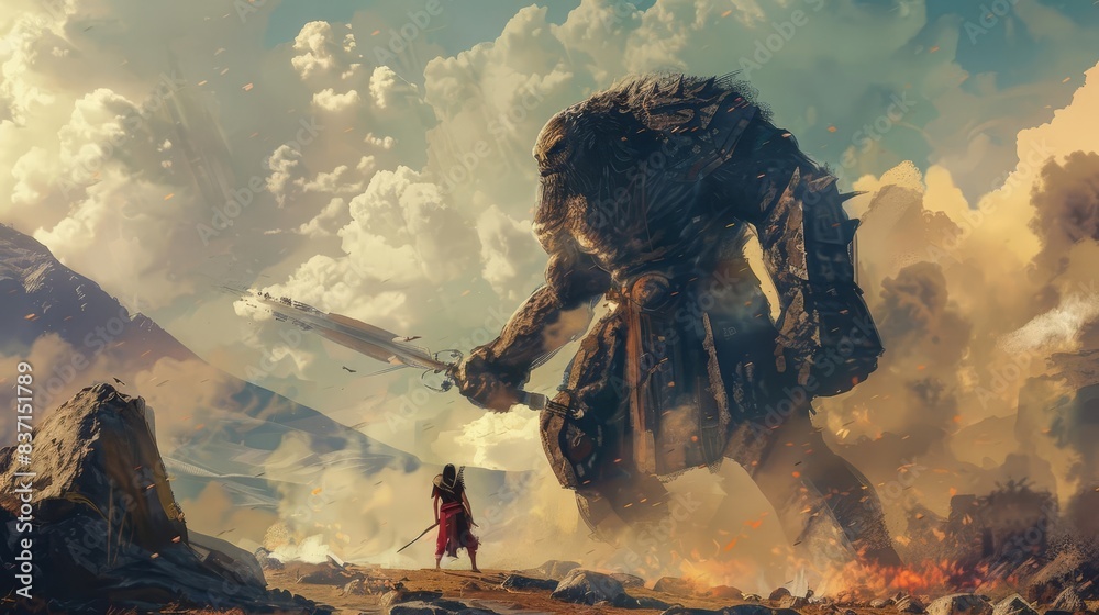 ancient warrior confronting giant in epic battle david and goliath ...