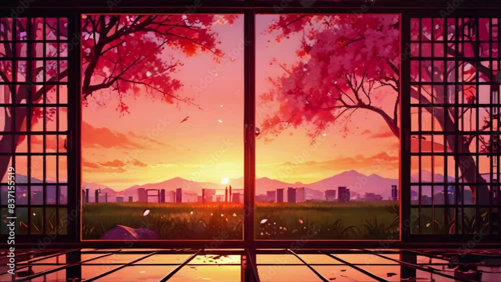 A room with sliding Japanese doors opening garden cherry blossom ...