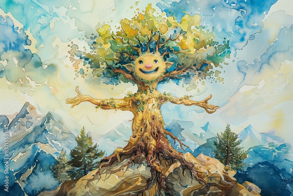 Happy Ent, alive tree character stand on his roots on the mountain's ...