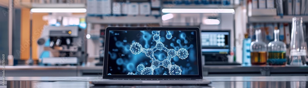 Advanced research concept with a laptop showing detailed 3D molecular ...