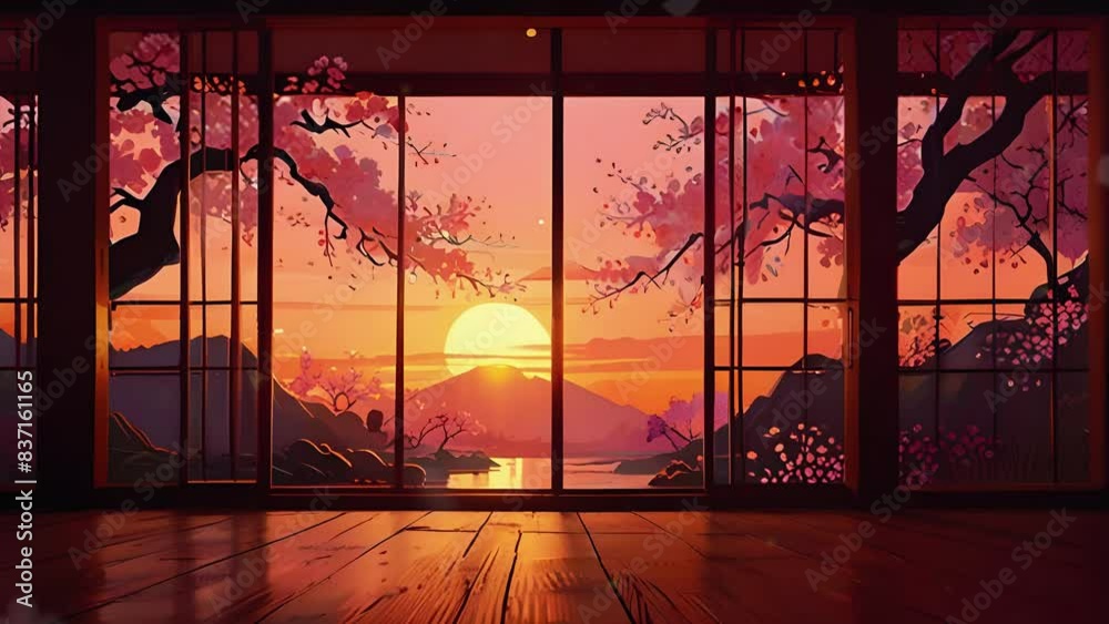 A room with sliding Japanese doors opening garden cherry blossom ...