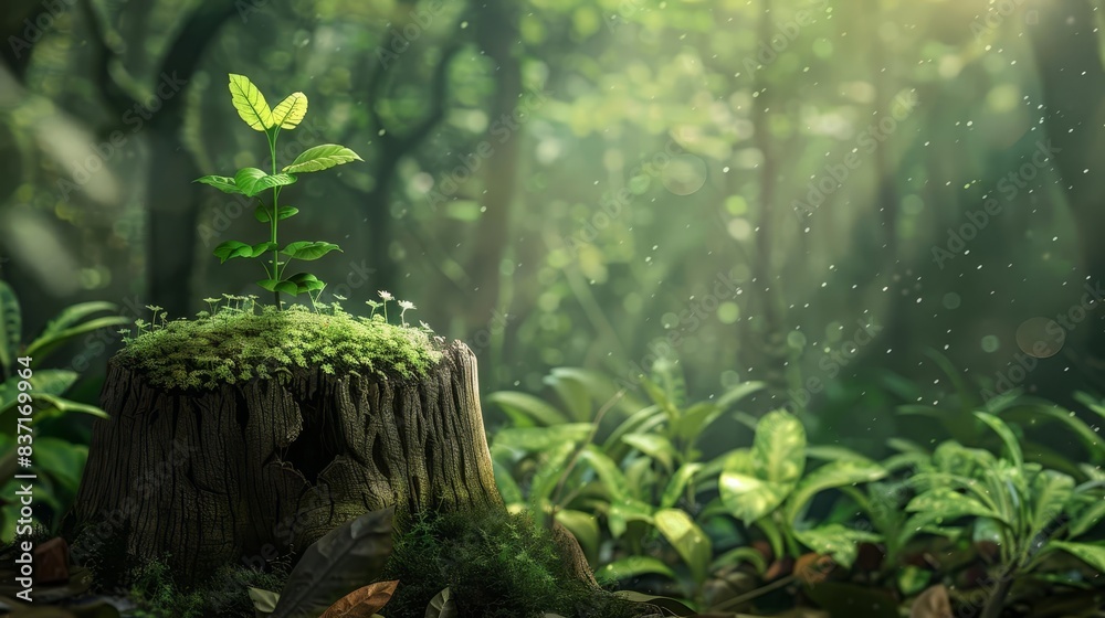 new life sprouts young tree emerges from old stump in a lush forest ...