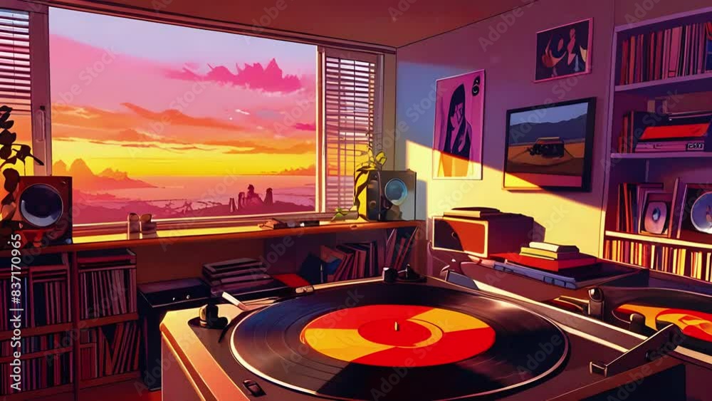 A room vinyl records and a turntable. sunset, stream starting soon ...