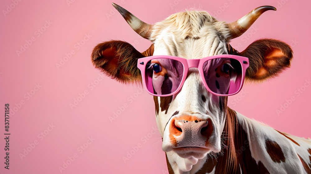 Funny cow with sunglasses in front of pink studio background, Stock ...