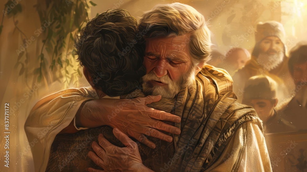 prodigal son returns father embraces repentant son emotional biblical ...