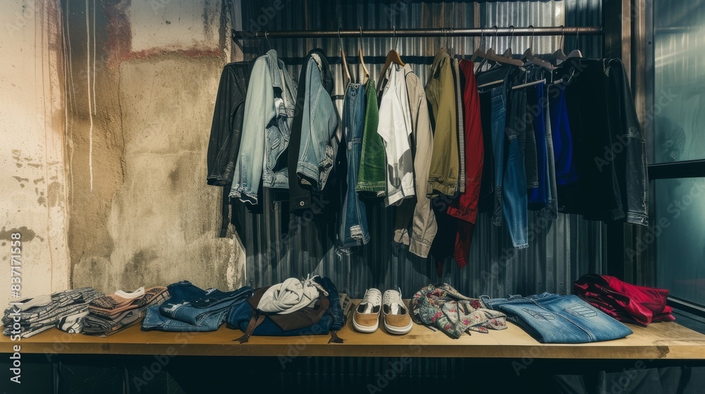 A photograph of a 1990s-style dressing room with rough textures ...
