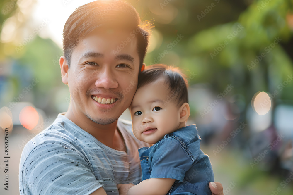 Happy asian father and child are hugging. Happy father's day. Stock ...
