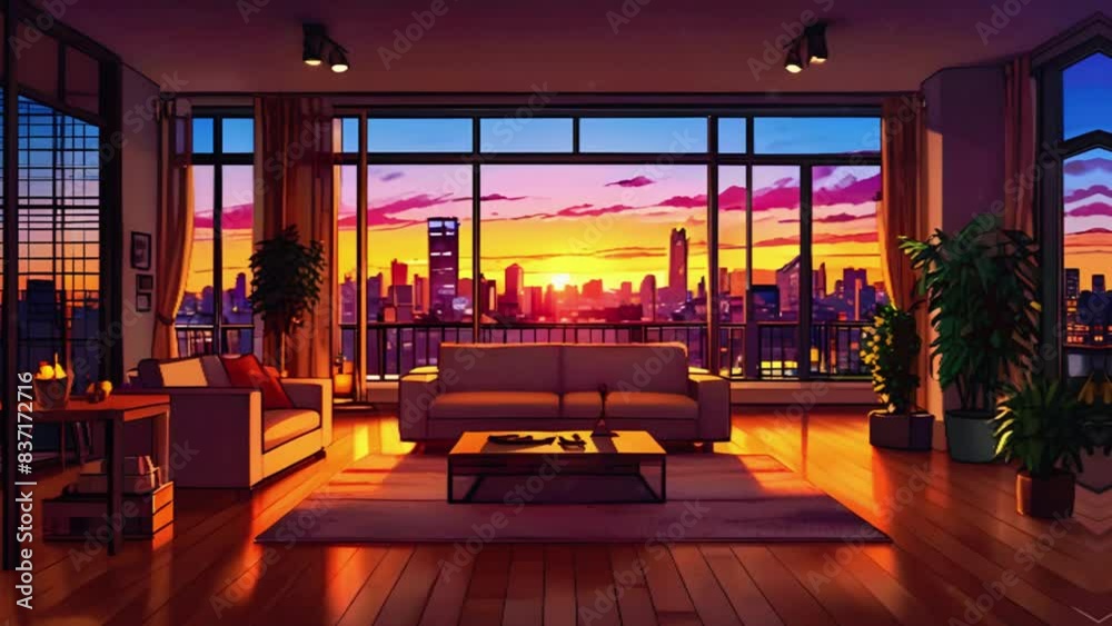 A cozy living room with large windows vibrant cityscape at sunset ...
