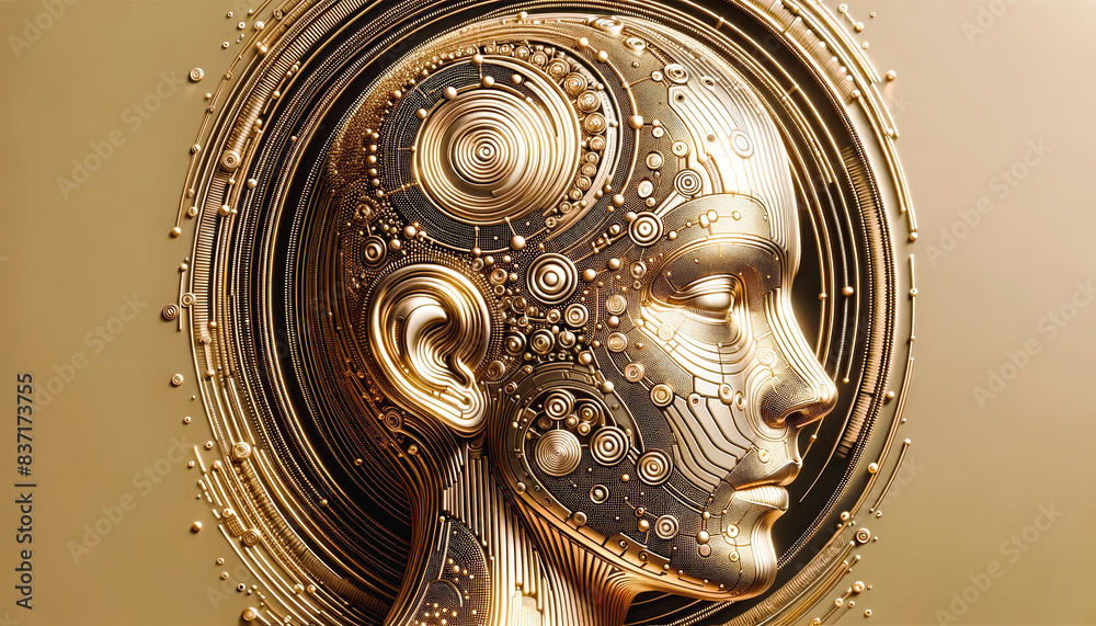 A detailed golden side profile of a futuristic human-like figure with ...