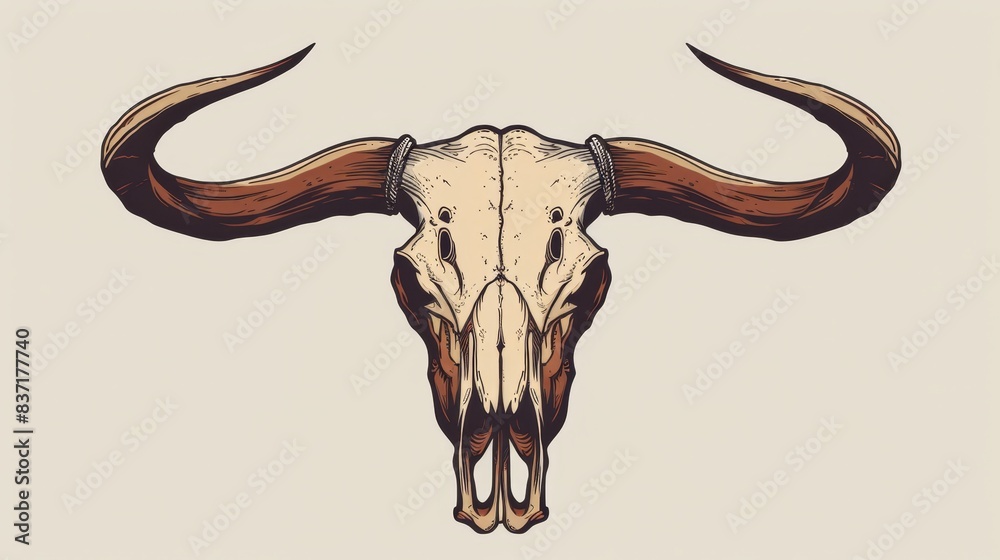 Stylized illustration of a buffalo skull with prominent, curved horns ...