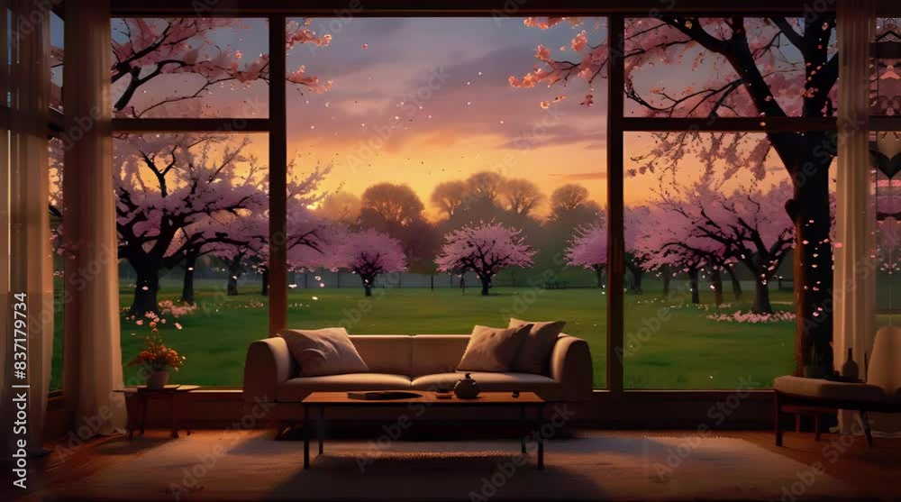 A room with sliding Japanese doors opening garden cherry blossom ...