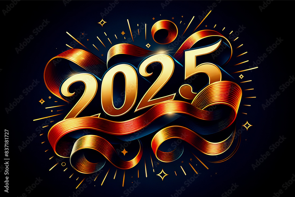 Stylized Gold and Black Numerals with red and dark blue ribbons ...