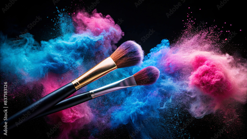Two black-handled makeup brushes are placed against a dramatic ...