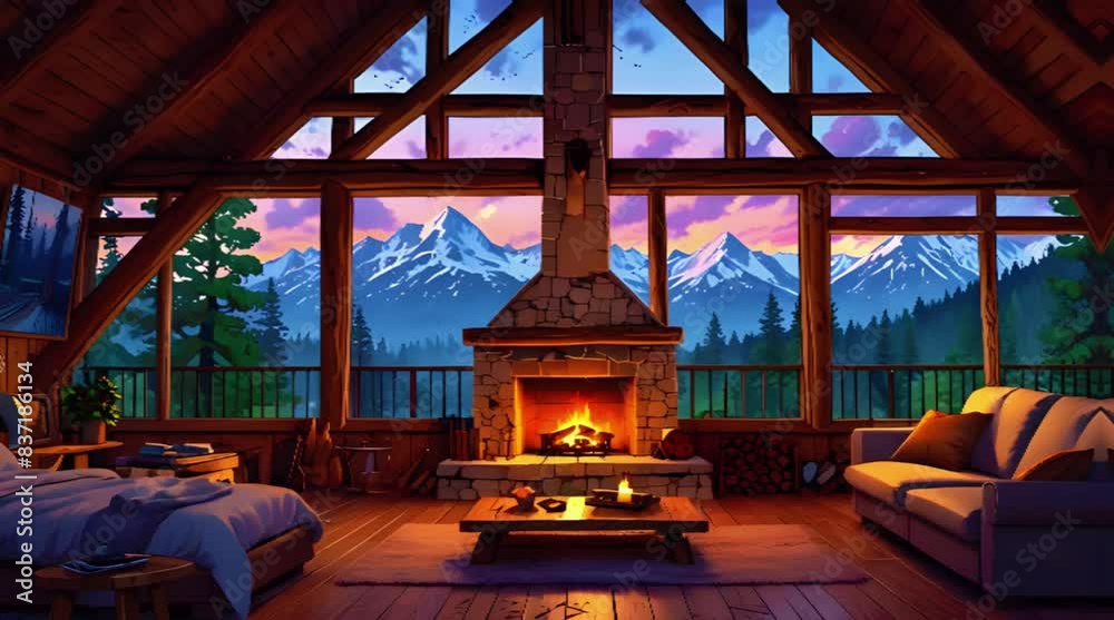A rustic cabin interior fireplace with a view of majestic mountains ...