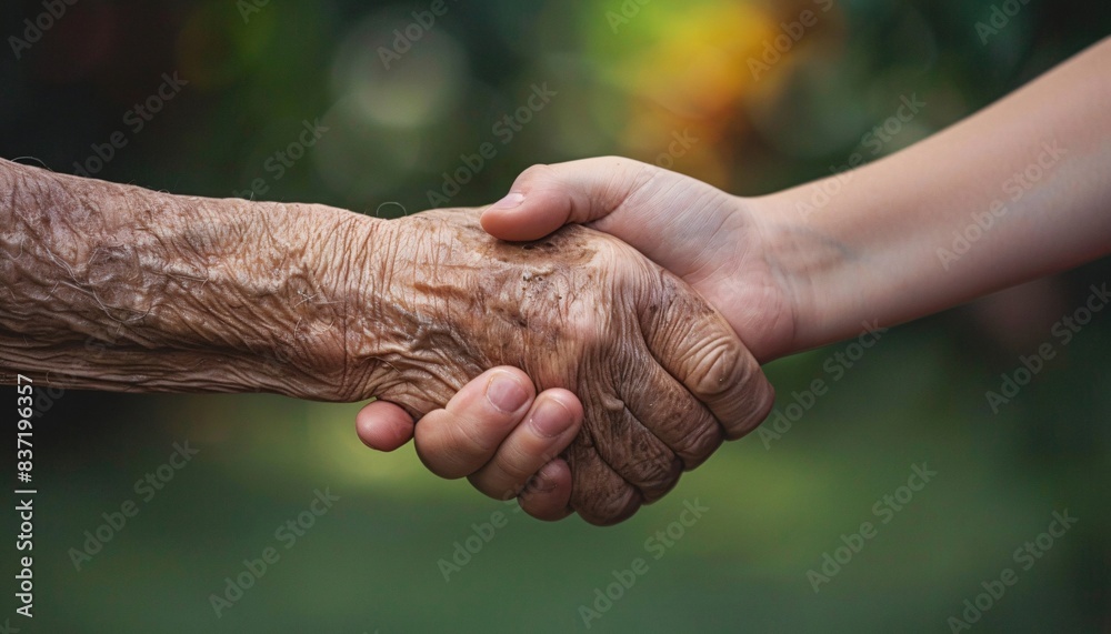 Generational Connection: Close-Up of Elderly and Young Hands Shaking ...