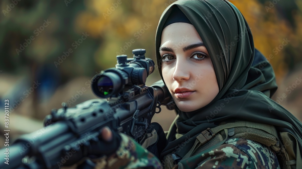 Beautiful young special military woman hijab Muslim with rifle machine ...