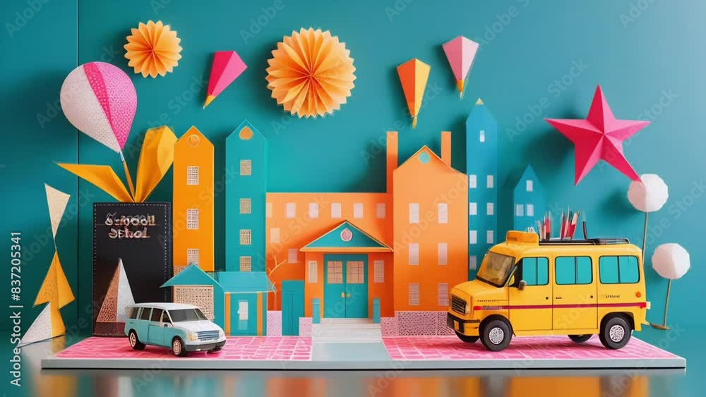 Colorful papercraft school scene with bus and vibrant layered textures ...