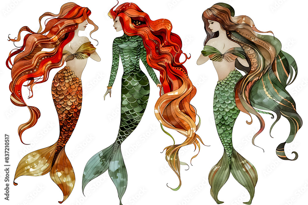Beautiful Illustration of Three Mermaids with Flowing Hair and Colorful ...