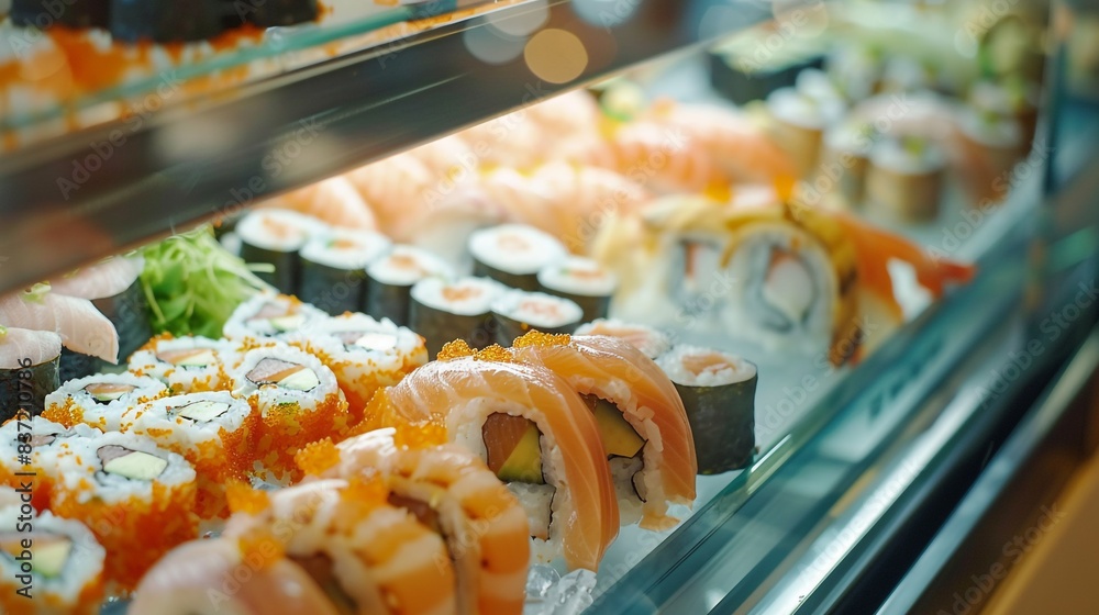 Sushi bar with different types of sushi and sashimi in a modern ...