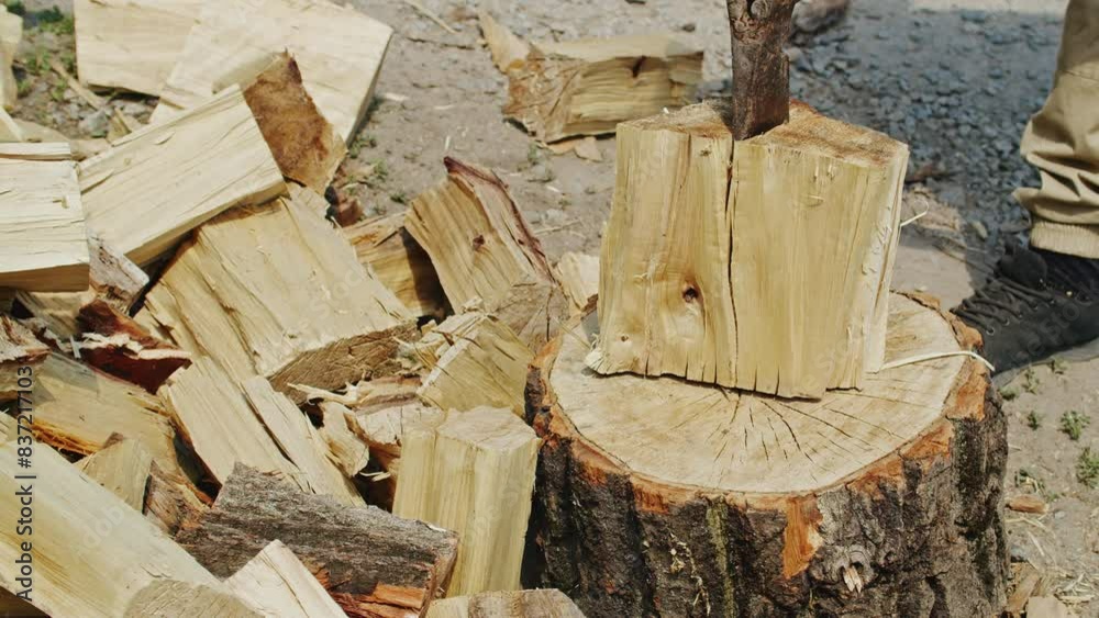 Chopping wood with an axe on a tree stump, surrounded by split logs ...