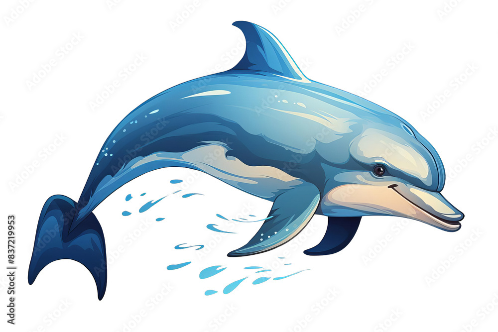 A blue dolphin leaps out of the water, its sleek body and powerful tail ...