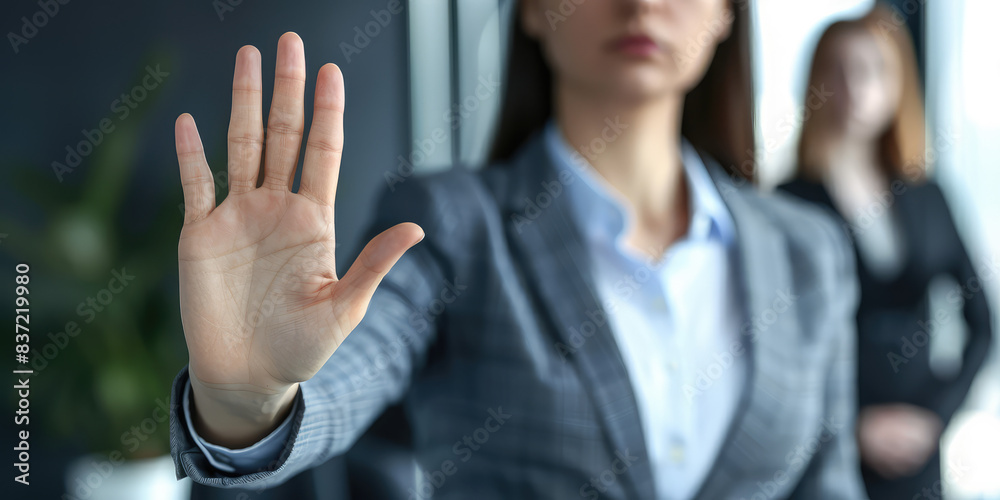 Stop, hand sign and woman in business suit with no gesture for sexual ...