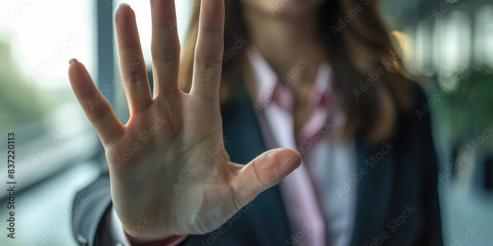 Stop, hand sign and woman in business suit with no gesture for sexual ...