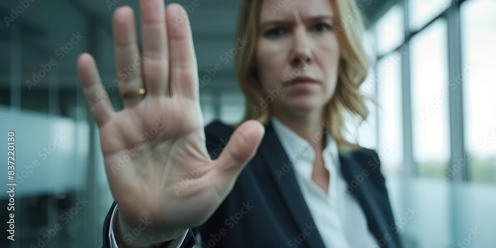 Stop, hand sign and woman in business suit with no gesture for sexual ...