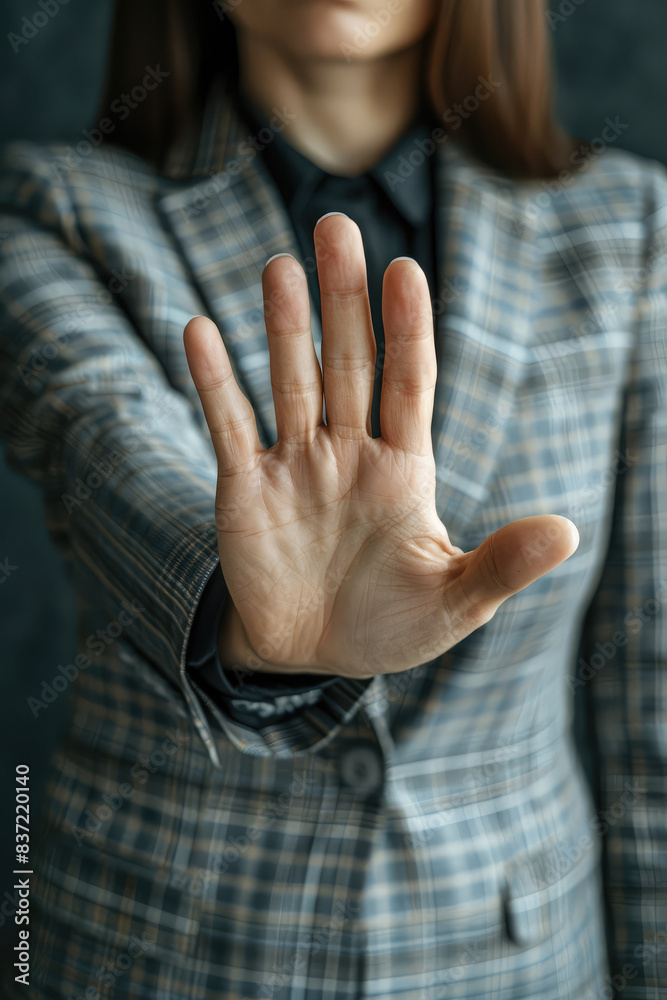 Stop, hand sign and woman in business suit with no gesture for sexual ...