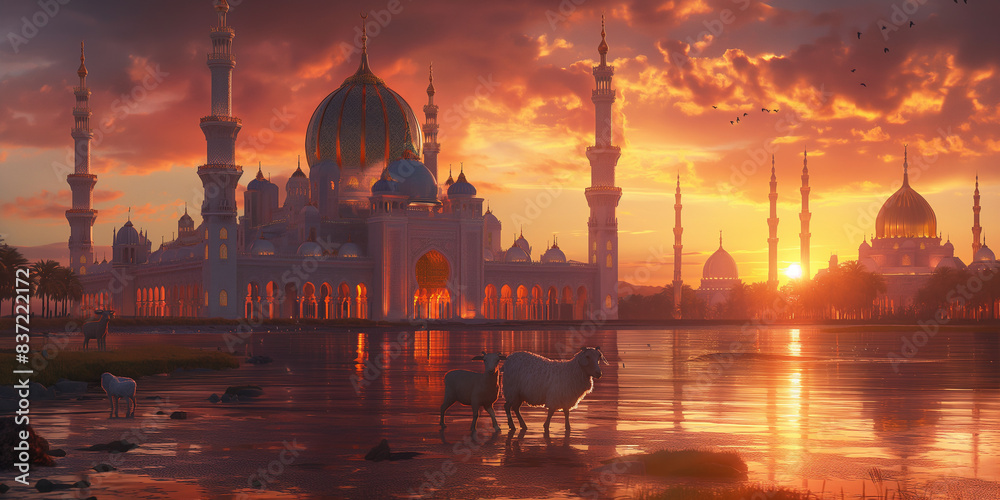 Eid Adha Magic: Surreal Sunset with Goats in Mosque Yard, Creating a ...
