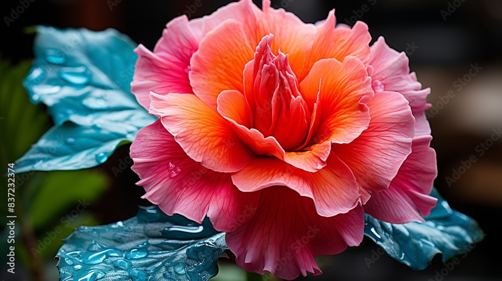 A close-up of a vibrant tropical flower in full bloom, with intricate ...