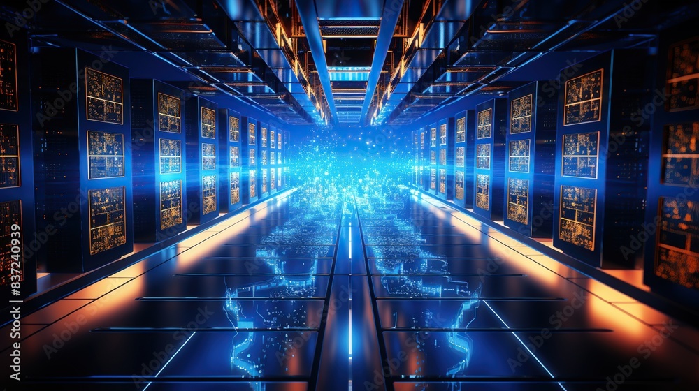 AI algorithm processing big data in a server room - Stock Illustration ...
