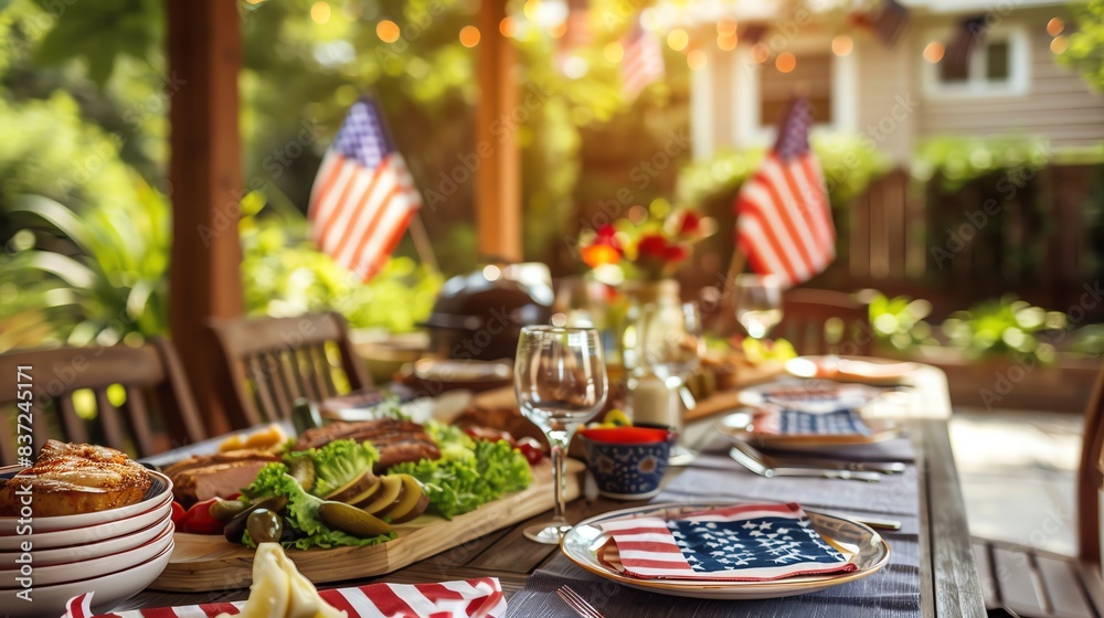 Patriotic table setting for a 4th of July barbecue with American flags ...