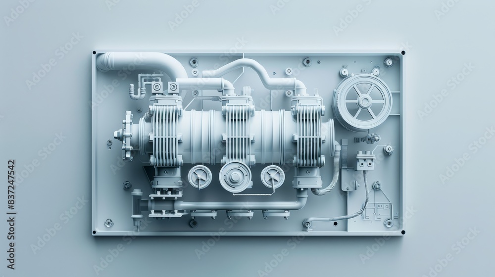 Flat design of air compressor mechanism, 3D render, top view ...