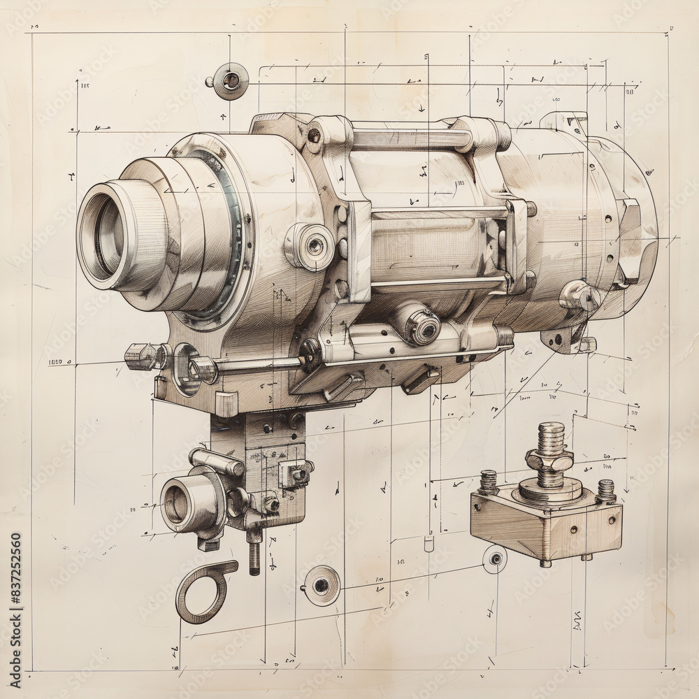 Engineering Schematic of Mechanical Device - Detailed Parts and ...