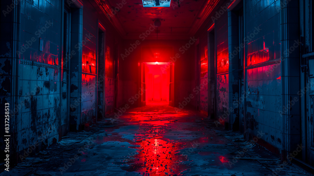 Fantasy horror walkway inside haunted building to exit door with red ...