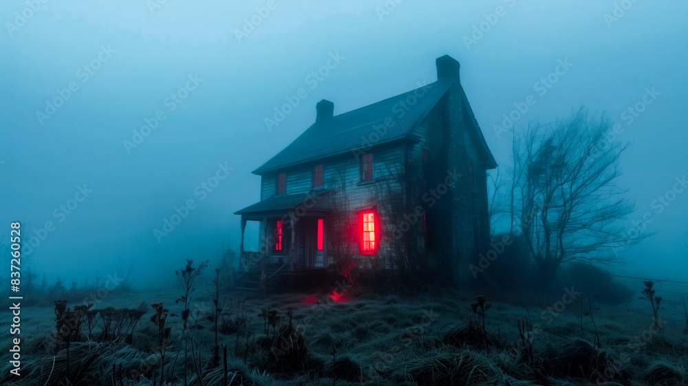 Fantasy horror walkway to haunted house with red light inside . Horror ...