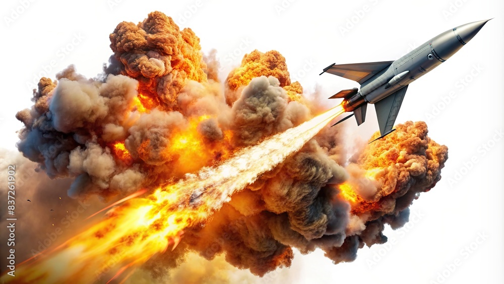 fire and smoke with missile or bullet trail on white background, with ...