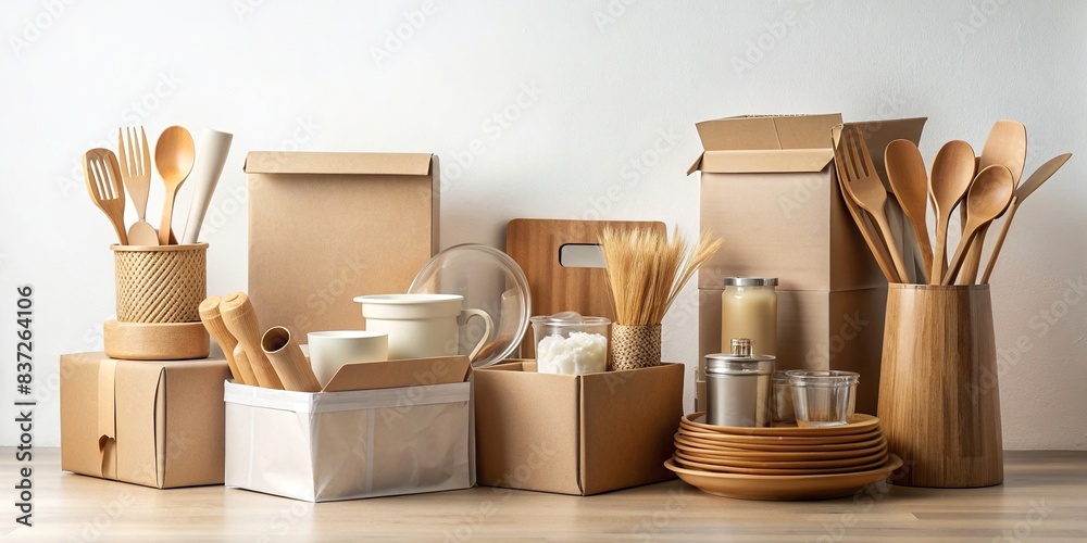 Minimalistic photo of cardboard boxes with kitchen utensils, glassware ...