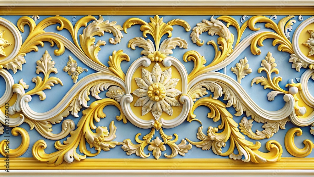 Luxury yellow and blue bas-relief wall design with stucco mouldings ...