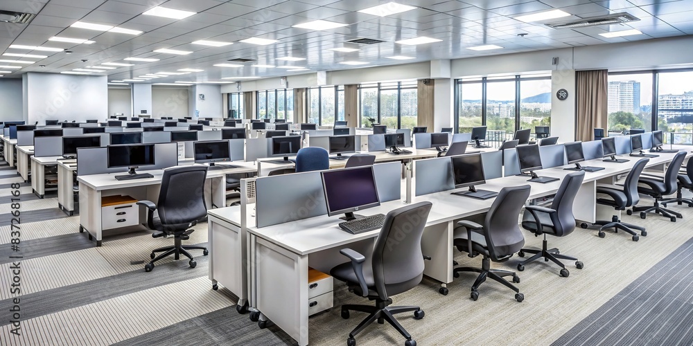 Empty call center office with rows of empty desks and chairs , call ...