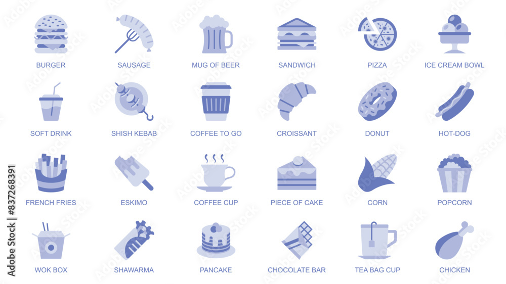 Fast food web icons set in duotone flat design. Pack pictograms with ...