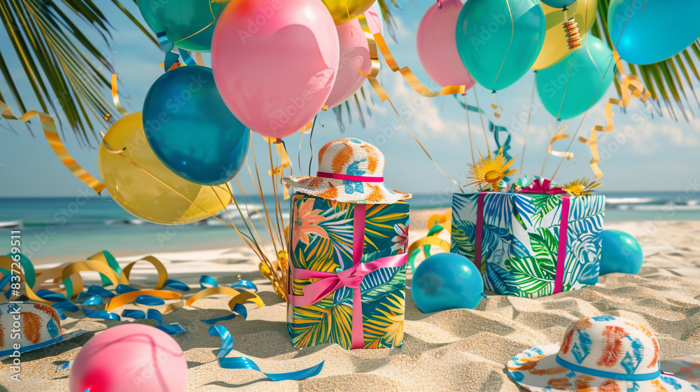 A tropical beach birthday party with bright balloons, palm frond ...