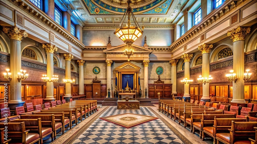 Interior of a grand Masonic temple with ornate architecture and ...
