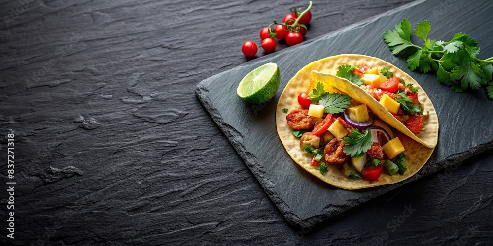 Black textured wallpaper background with a gourmet Mexican dish on a ...