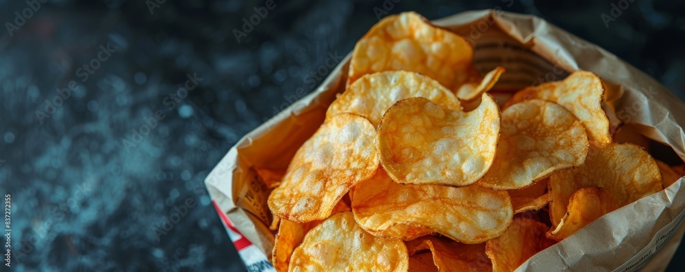 Trans fat warning on a bag of potato chips, crunchy and salty snack ...