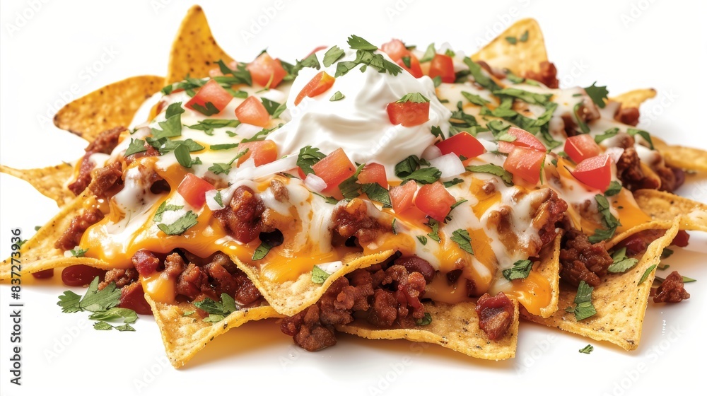 Detailed image of a serving of loaded nachos with cheese and sour cream ...