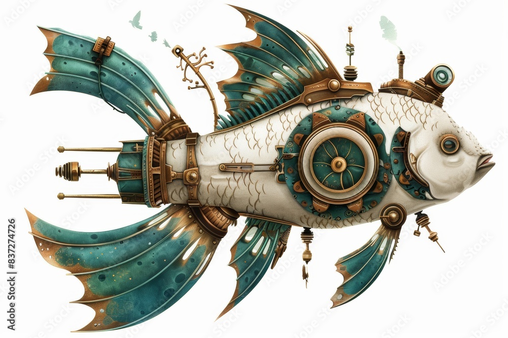 Intricate steampunk illustration of a mechanical fish, blending ...